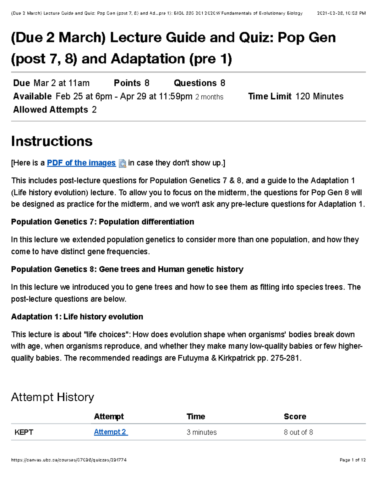 (Due 2 March) Lecture Guide and Quiz: Pop Gen (post 7, 8) and ...