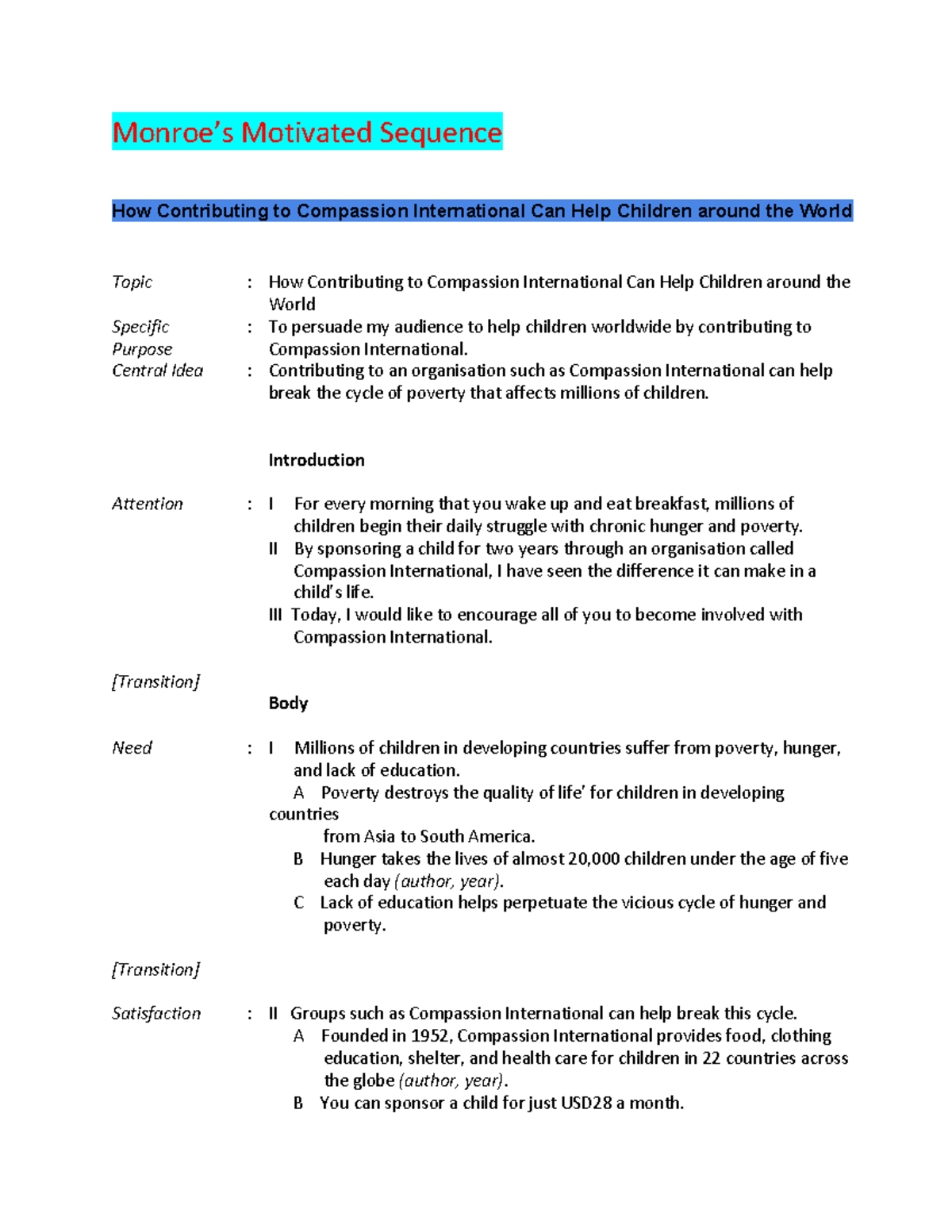 Sample Outline 2 (Monroe Motivated Sequence) - Monroe’s Motivated Sequence How Contributing to ...