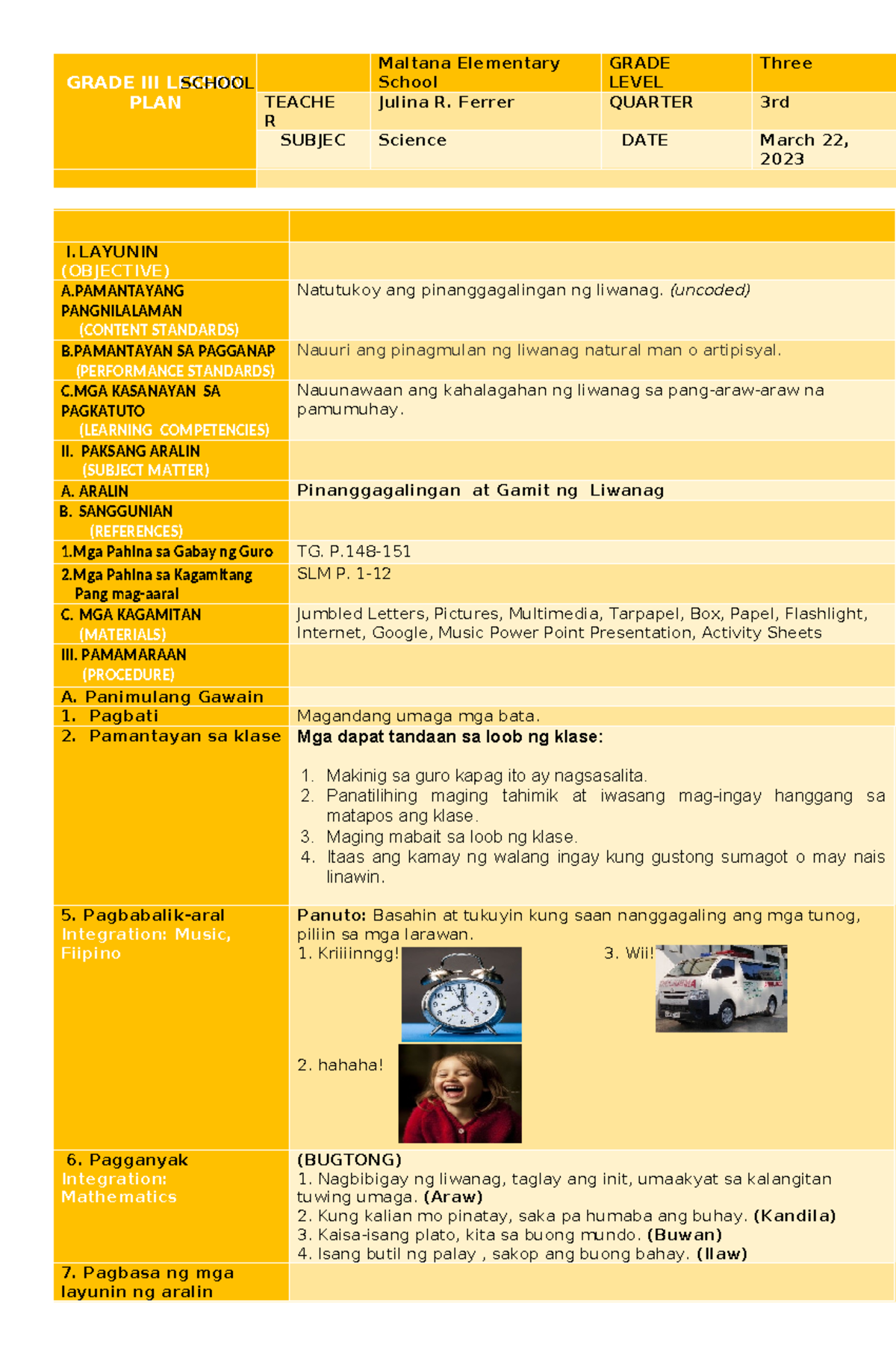 Sience 3 COT 2 - GRADE III LESSON PLAN SCHOOL Maltana Elementary School ...