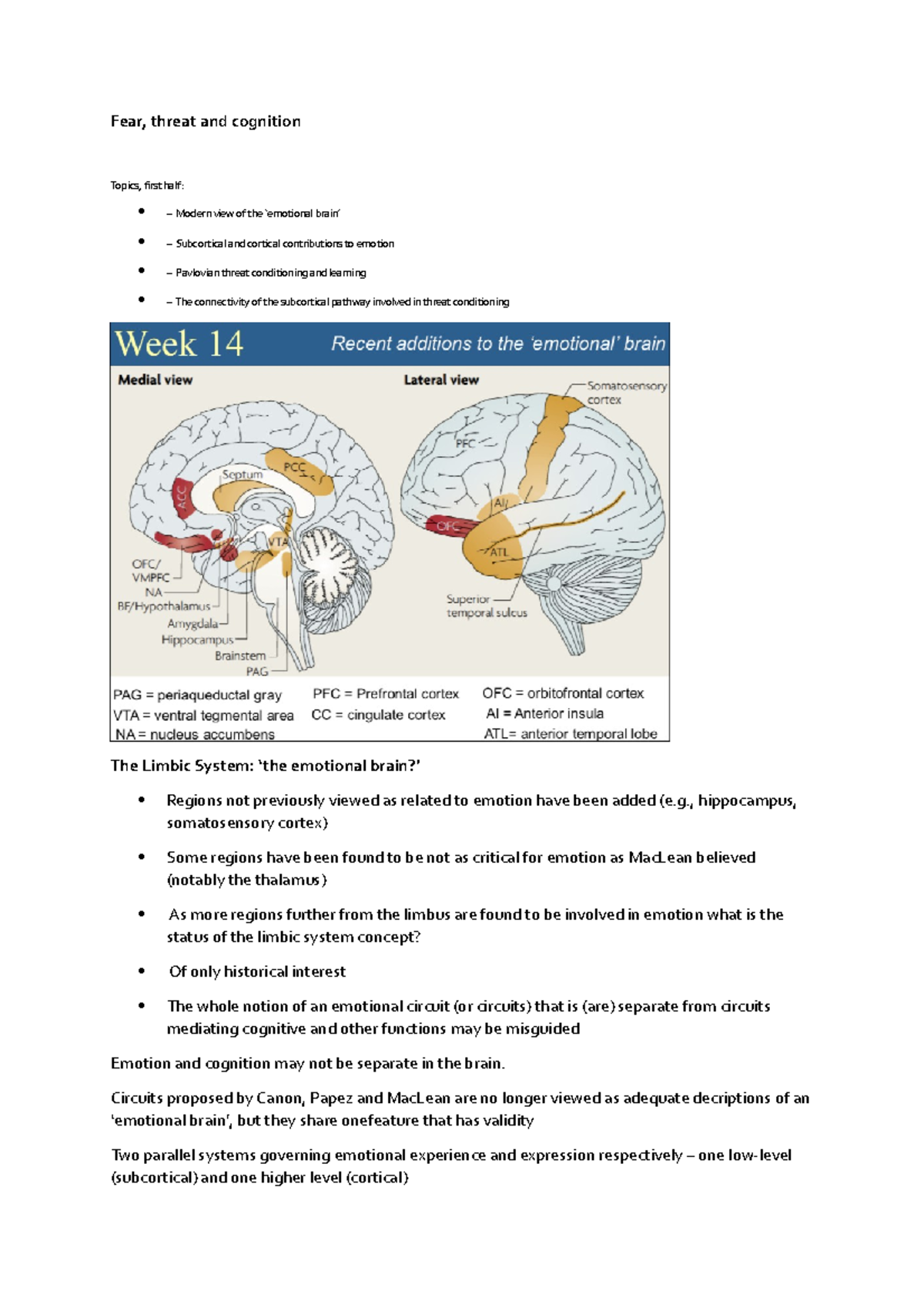Fear - Lecture notes Fear - Fear, threat and cognition Topics, first ...