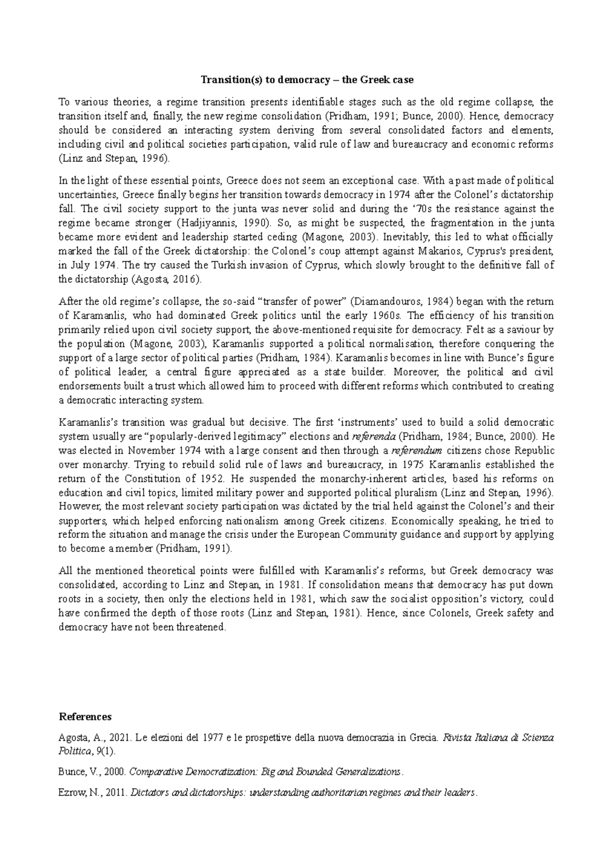 Greek transition to democracy - POLITIC5077 - Studocu