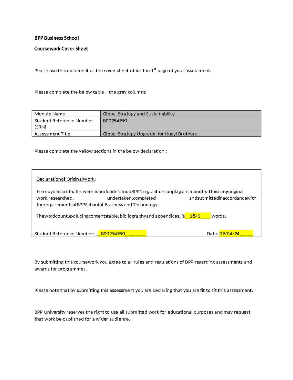 Global Strategy summative - BPP Business School Coursework Cover Sheet Please use this document ...