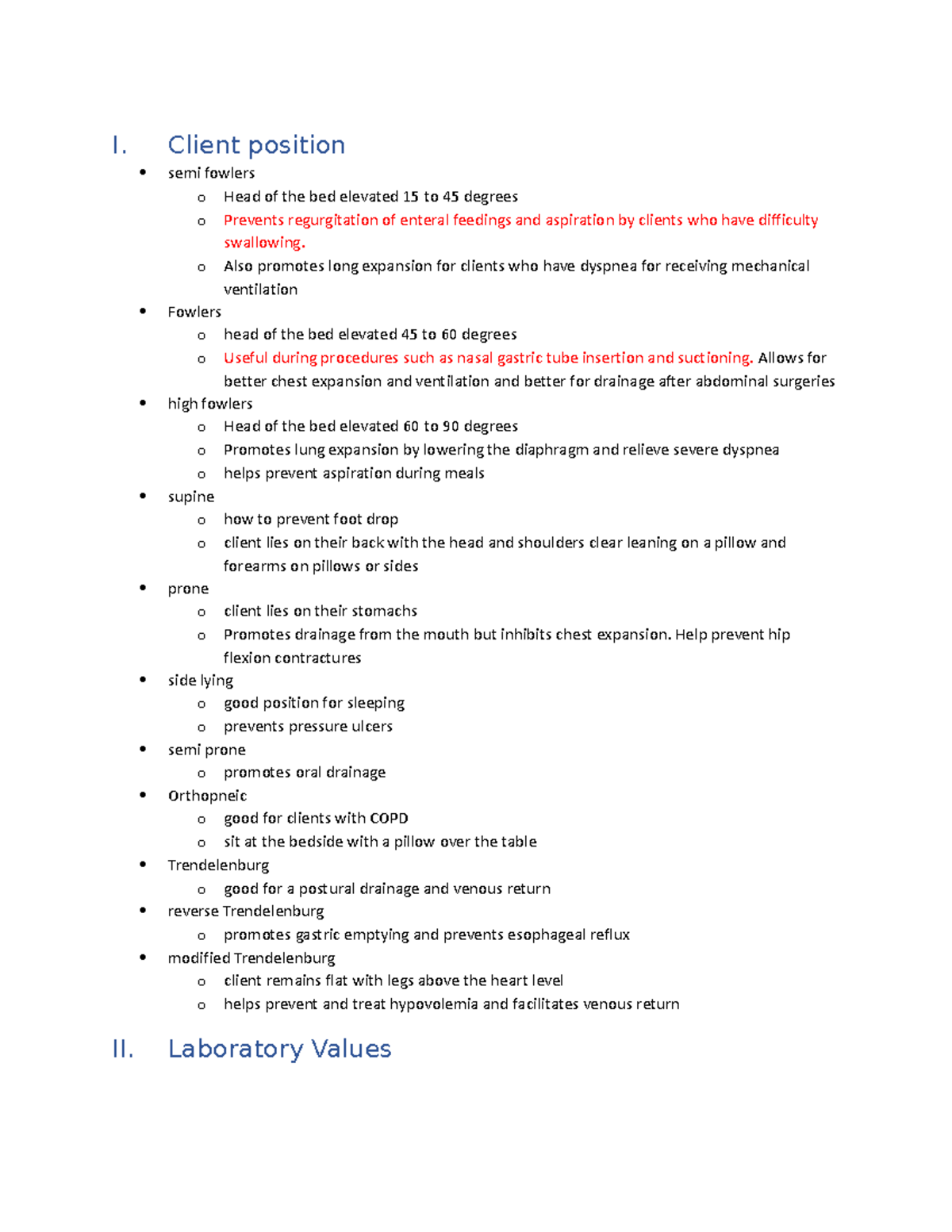 Nclex fundamentals - I. Client position semi fowlers o Head of the bed ...