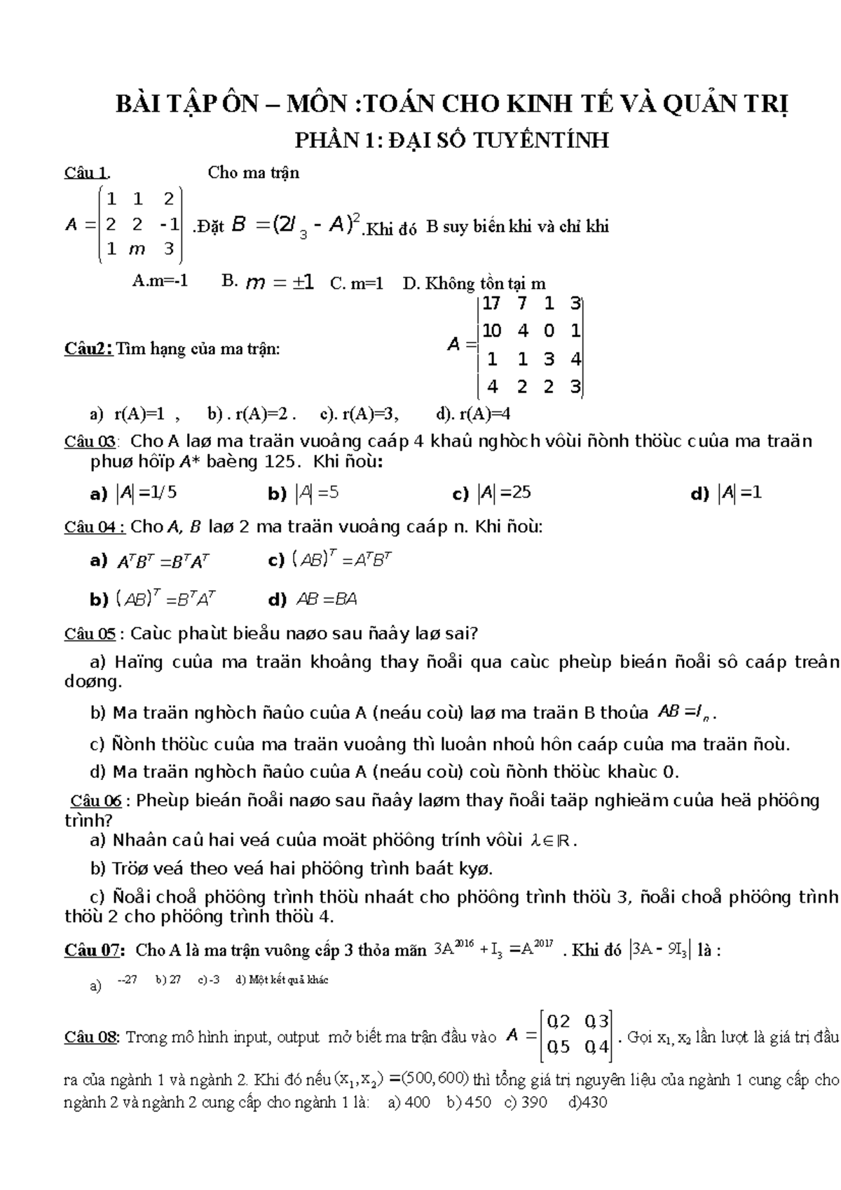 BAI TAP ON K47 - hy vọng điểm cao - BÀI TÂ P ÔN – MÔN :TOÁN CHO KINH TẾ ...