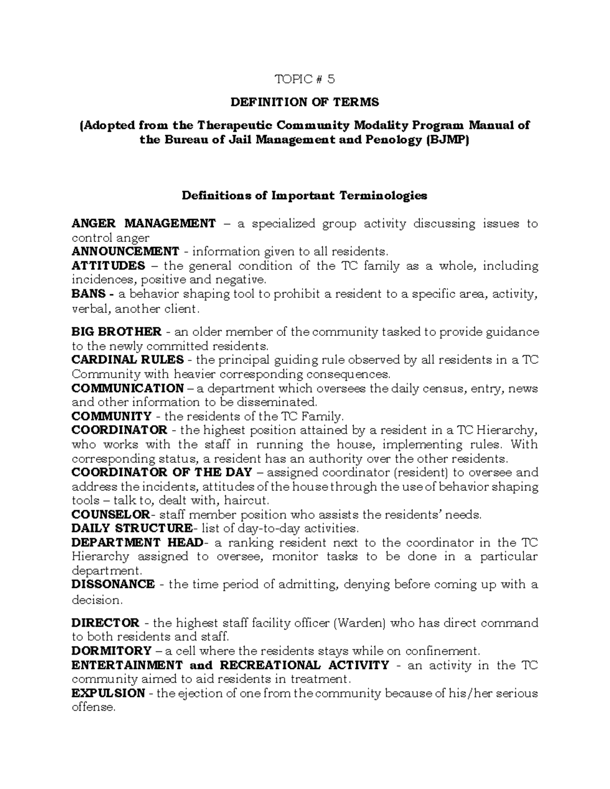 Topic 5 Definition of Terms Adopted from the Therapeutic Community ...