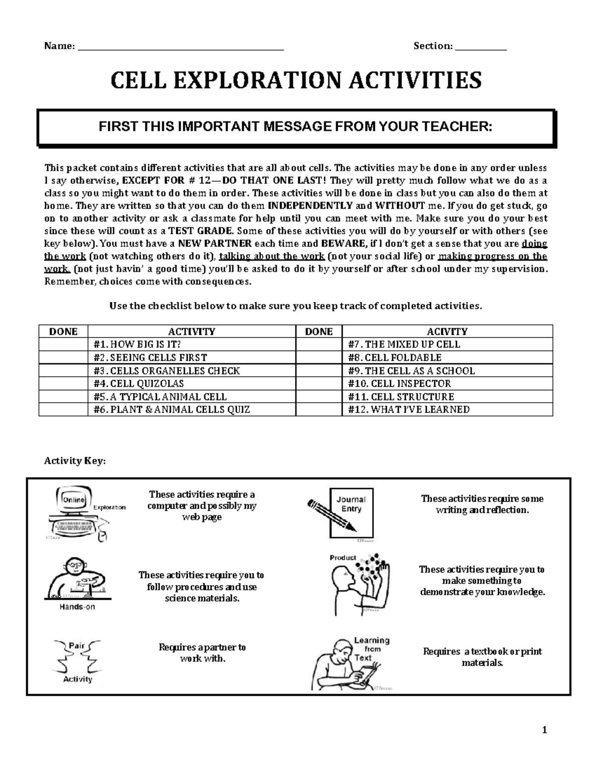 Cells exploration activities - Name ...
