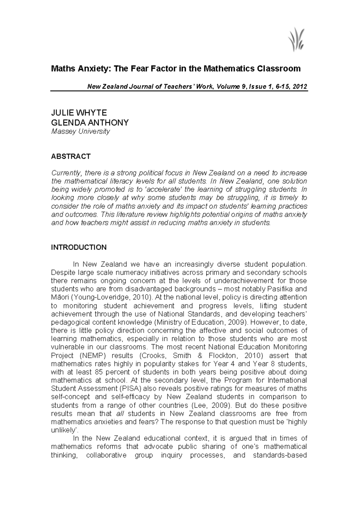 Whyte and Anthony (2012 ) Maths Anxiety The Fear Factor in the ...