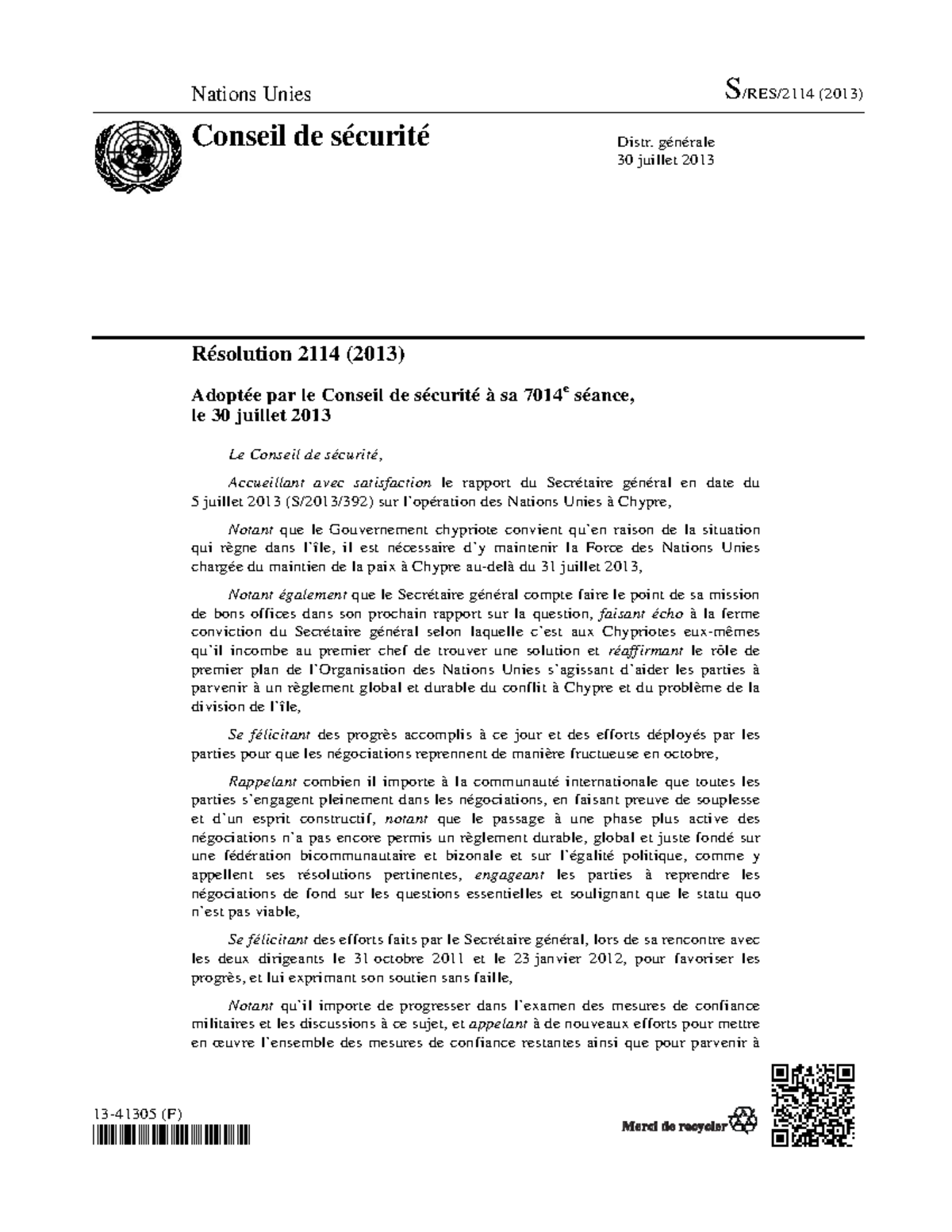 Résolution ONU - Nations Unies S /RES/2114 (2013) Conseil de sécurité Distr. générale 30 juillet ...