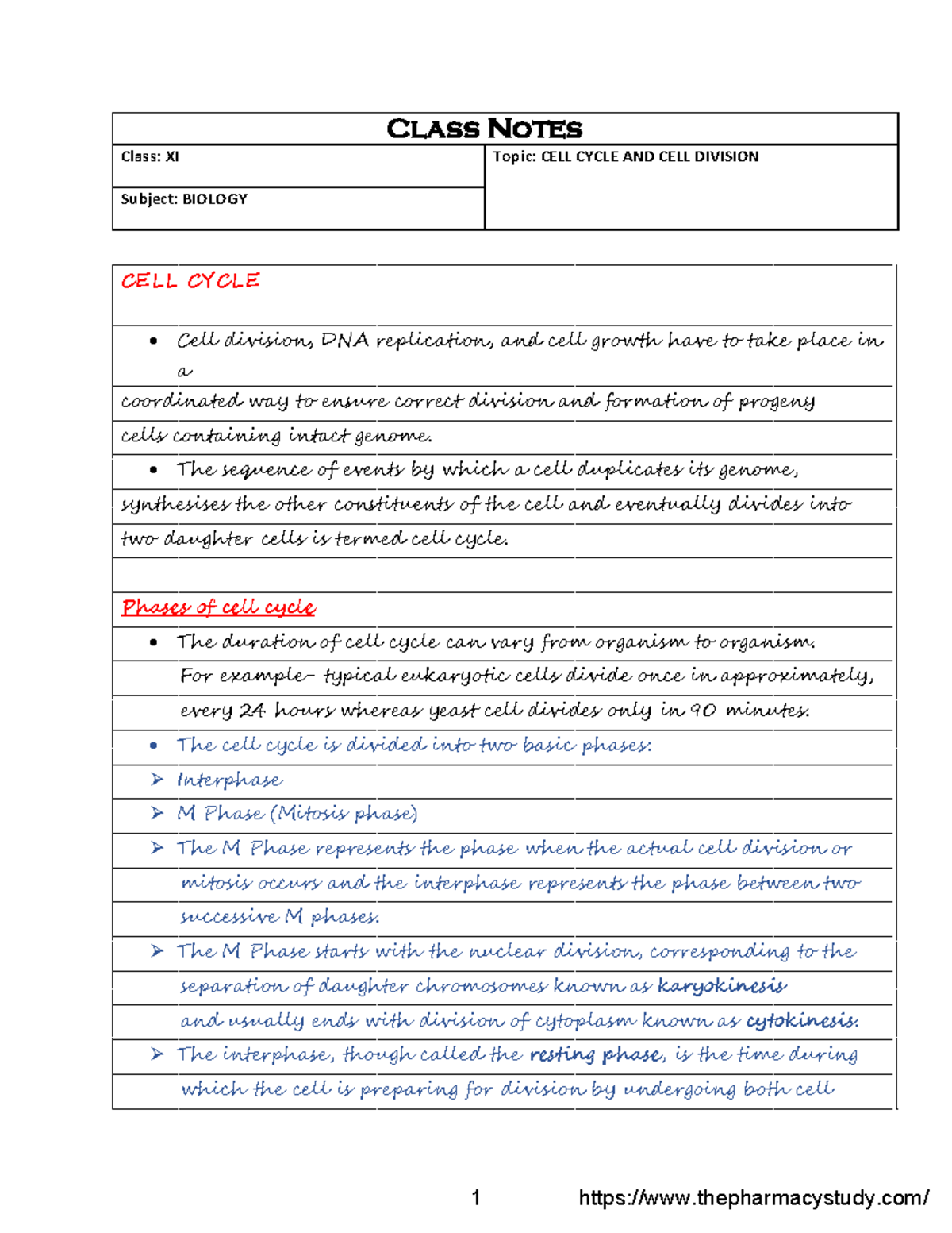 Cell-Cycle - Its a basic notes - Class Notes Class: XI Topic: CELL ...