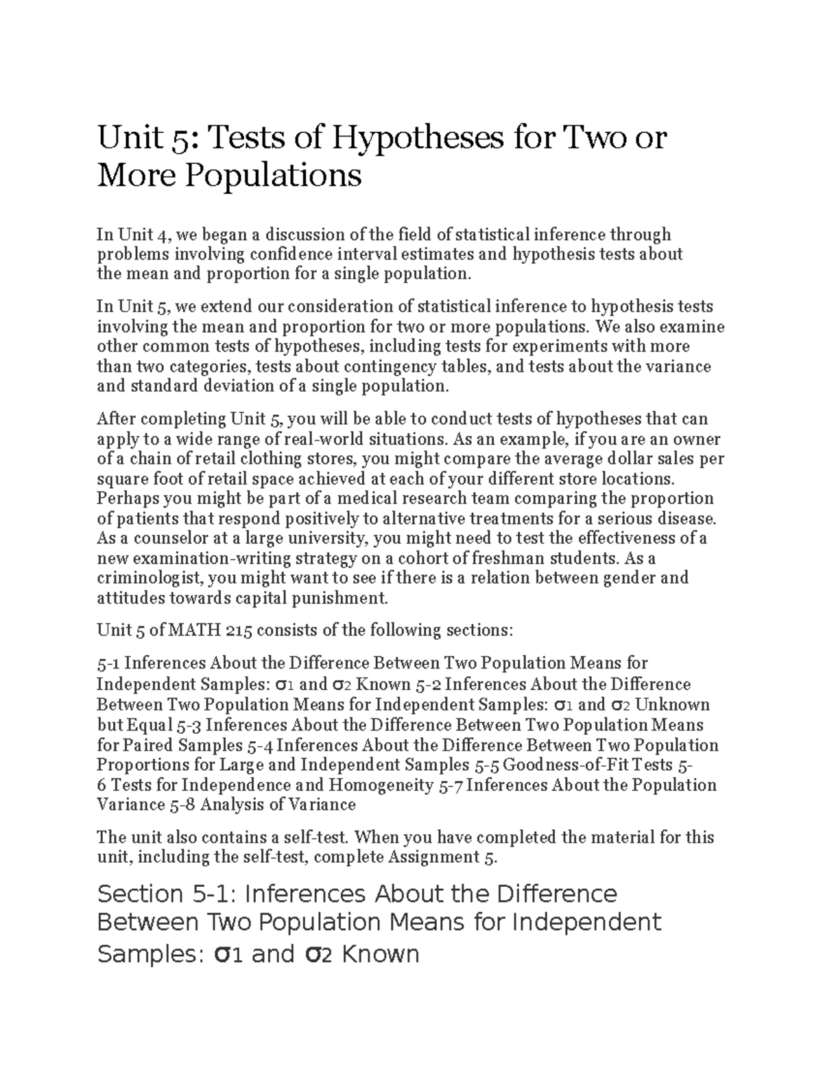 MATH Unit 5 Tests of Hypotheses for Two or More Populations ALL ...