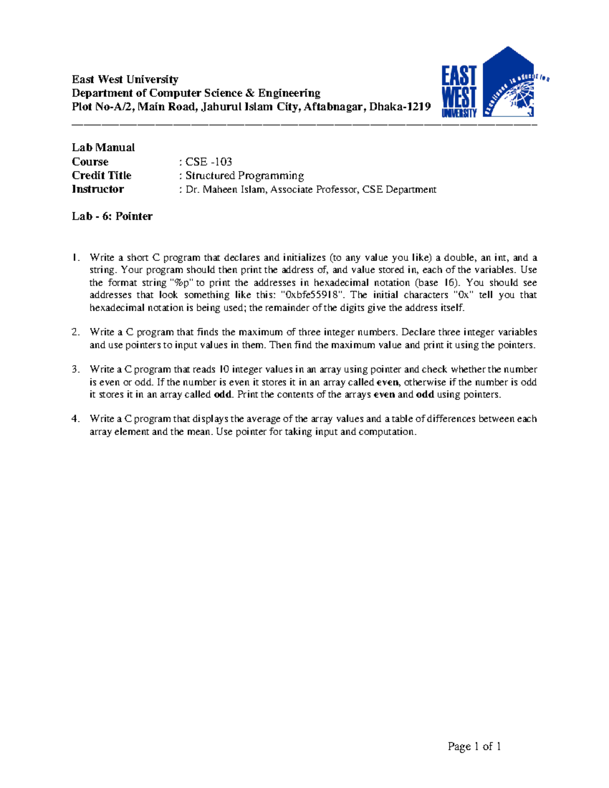 CSE103 Lab-6 Pointer - Lab Material - Page 1 of 1 East West University Department of Computer ...