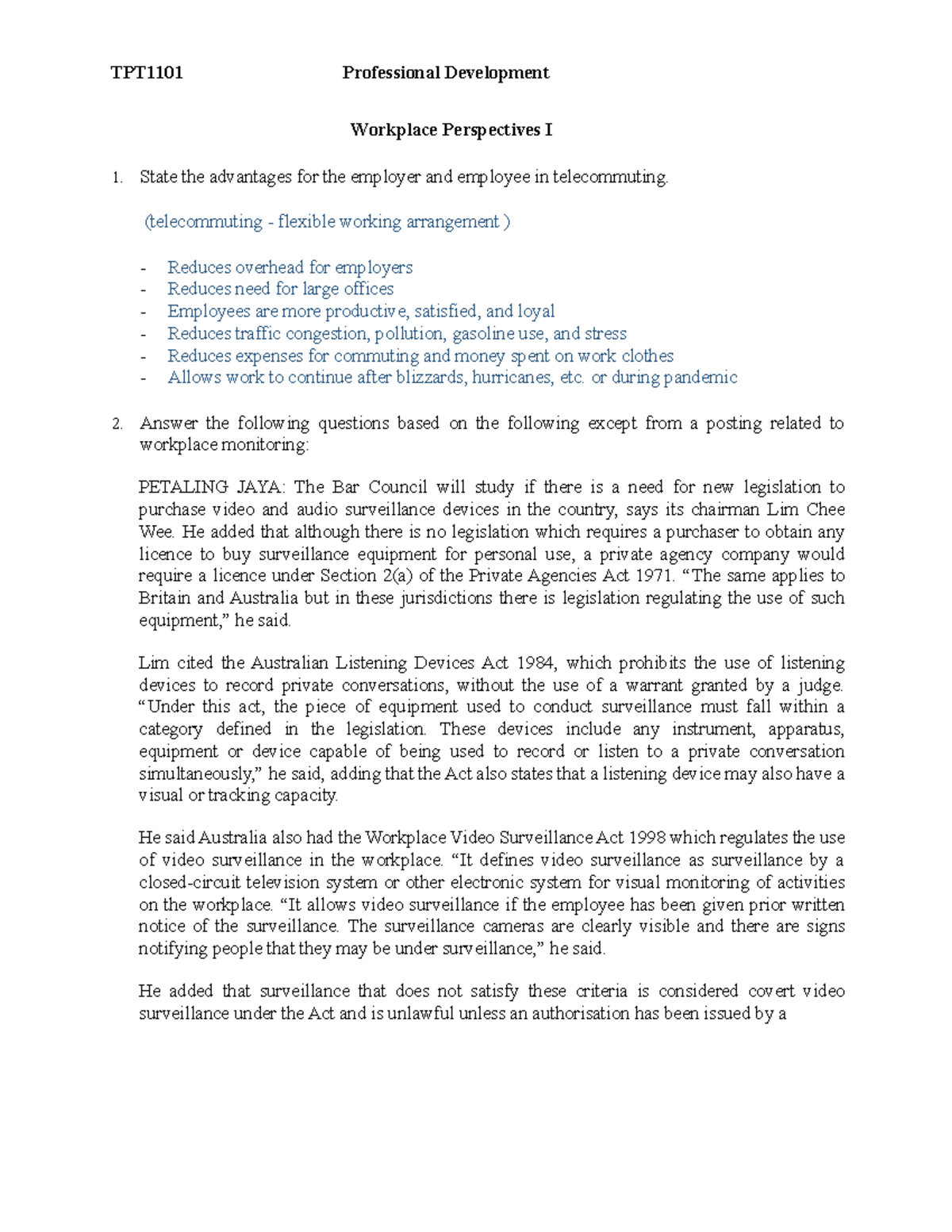 Tutorial 10 Answer - TPT1101 Professional Development Workplace ...