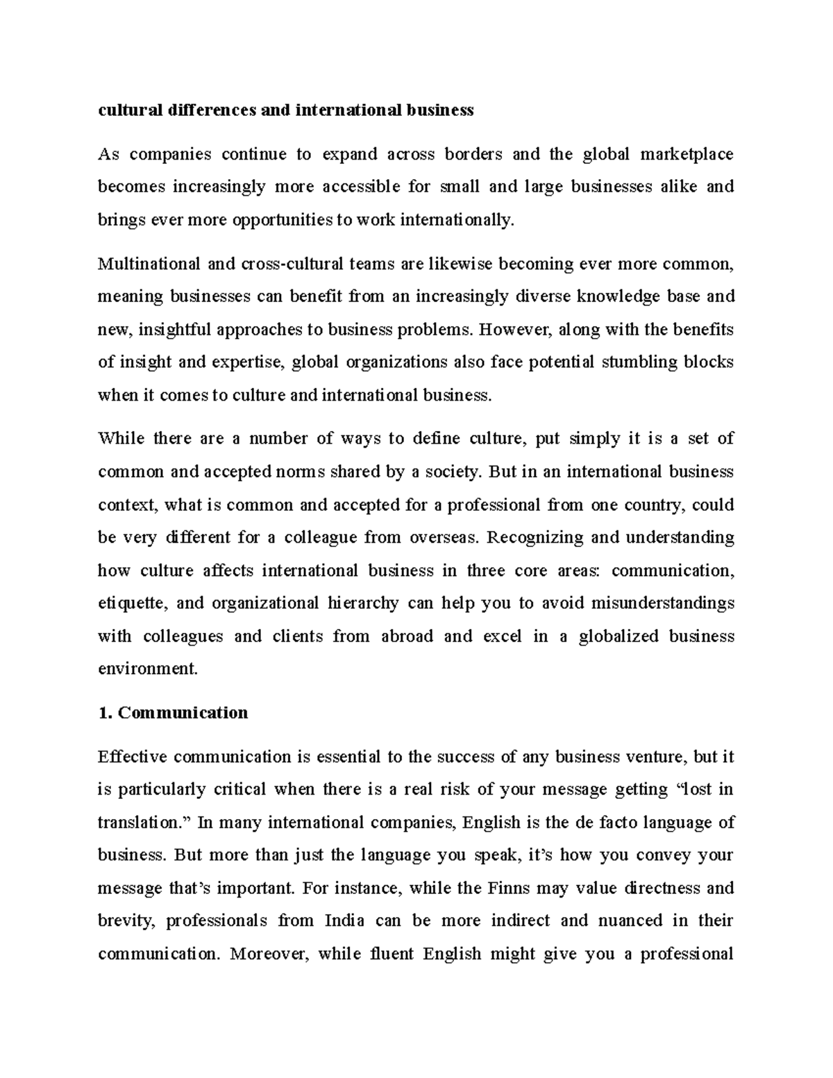 cultural differences and international business - Multinational and ...