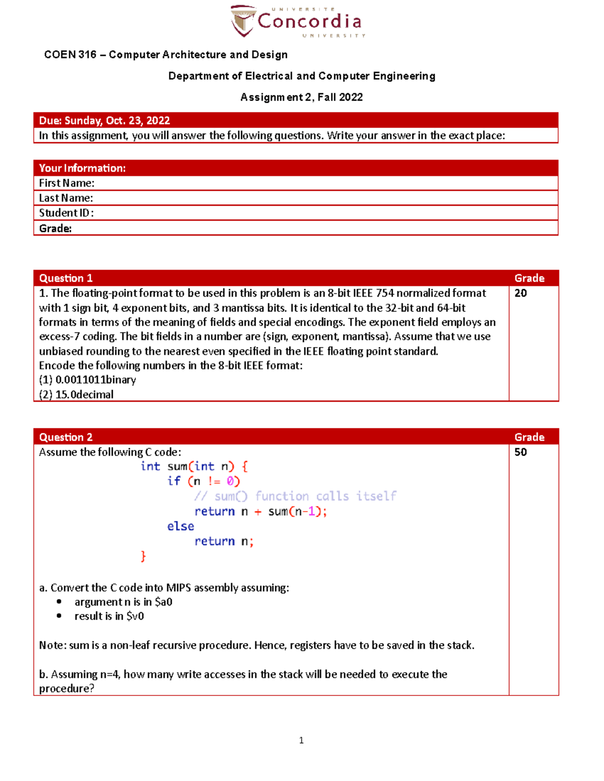 Assignment 2 - COEN 316 – Computer Architecture and Design Department of Electrical and Computer ...