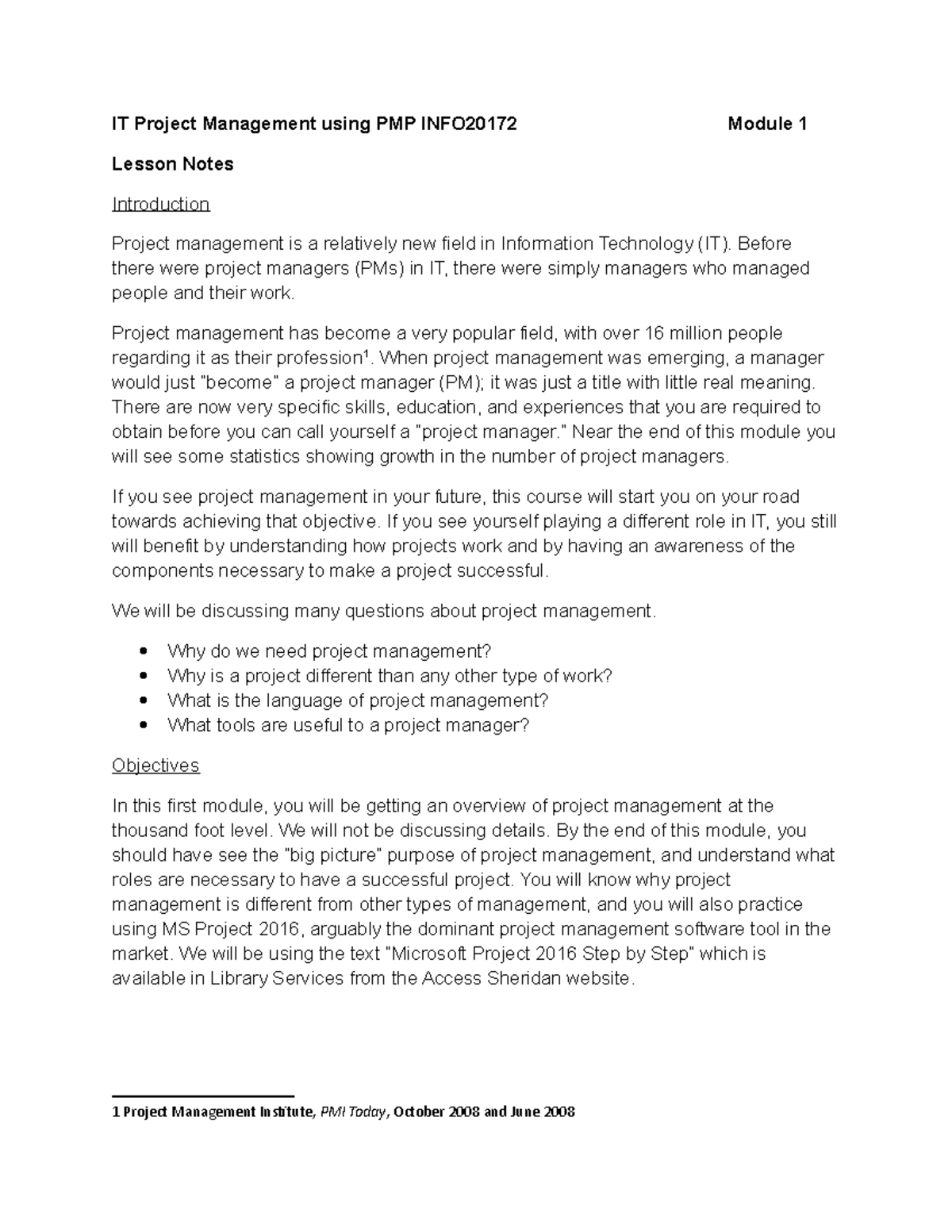 Module 1 Notes - IT Project Management using PMP INFO20172 Module 1 ...