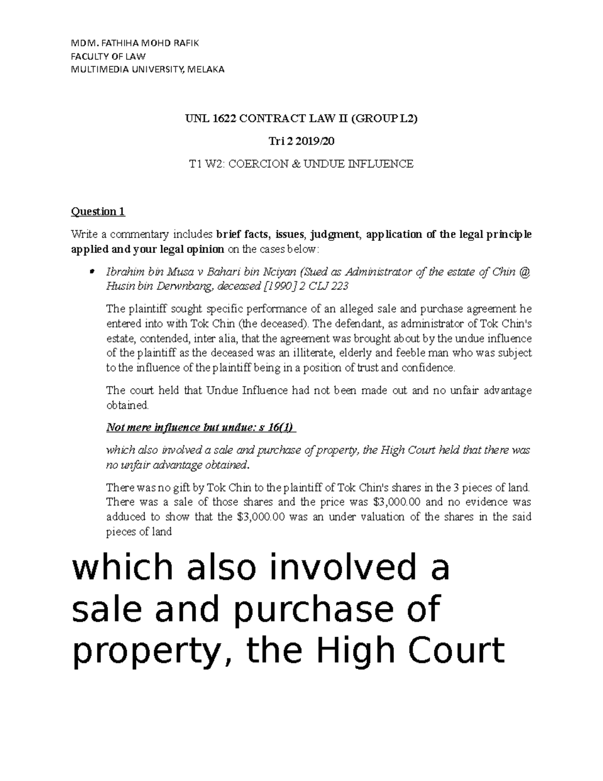 Contract tutorial - FACULTY OF LAW MULTIMEDIA UNIVERSITY, MELAKA UNL 1622 CONTRACT LAW II (GROUP ...