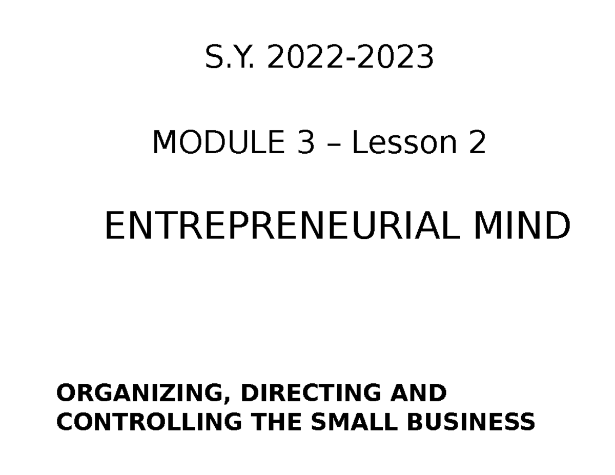 Entrepreneurship M0dule 3 - Lesson 2 - S. 2022- MODULE 3 – Lesson 2 ...