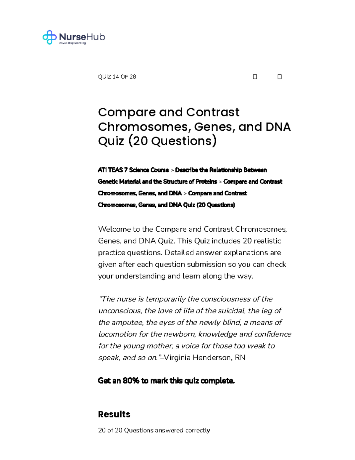 Compare and Contrast Chromosomes, Genes, and DNA Quiz Nurse Hub - ATI ...