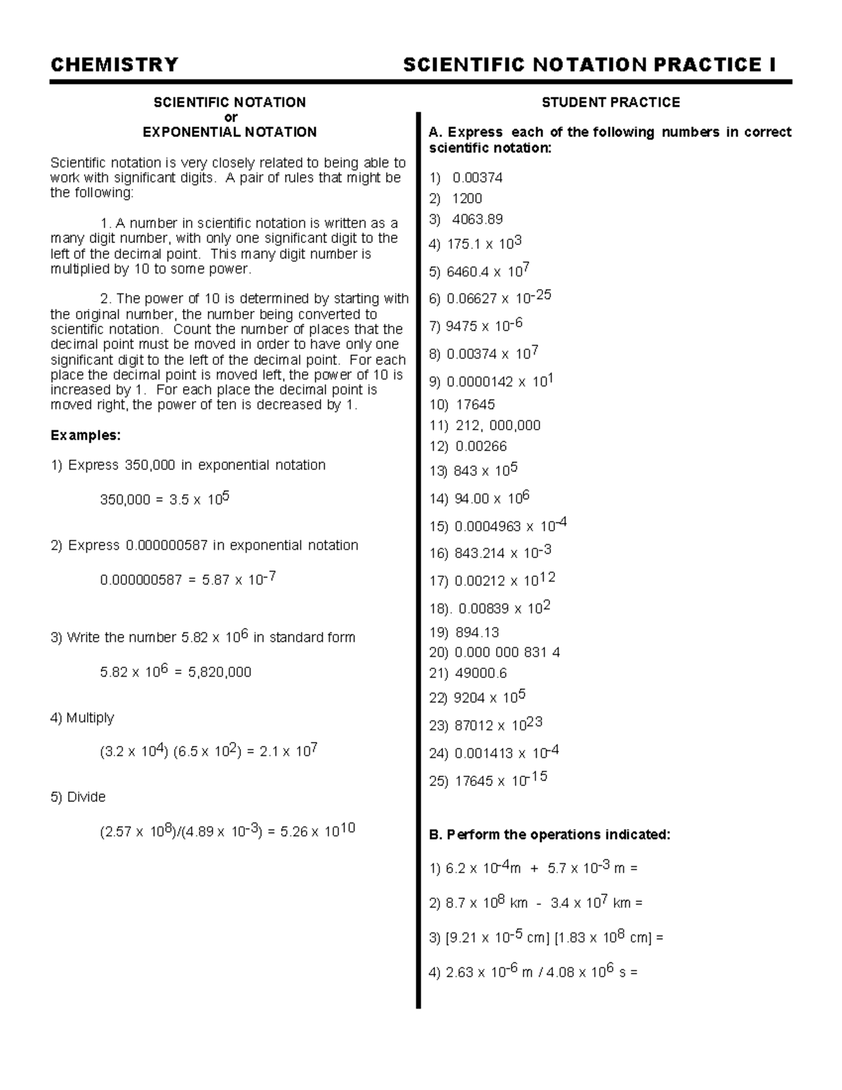 Scientific Notation Worksheet Scientific Notation Or Exponential