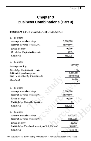 QUIZ Chapter 1 Business Combinations (PART 1) - Chapter 1 Business Combinations (Part 1) NAME ...