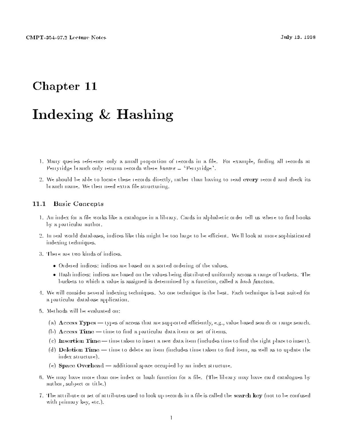 Chapter 11 - ..,. - Chapter 11 Indexing & Hashing CMPT-354-97 July13, 1998 1 le. Forexample ...