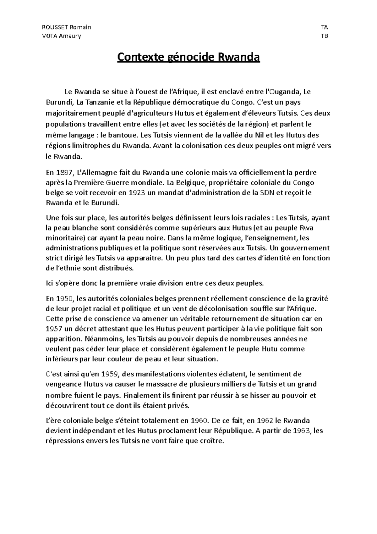 Contexte génocide Rwanda - Histoire générale - UniGE - Studocu