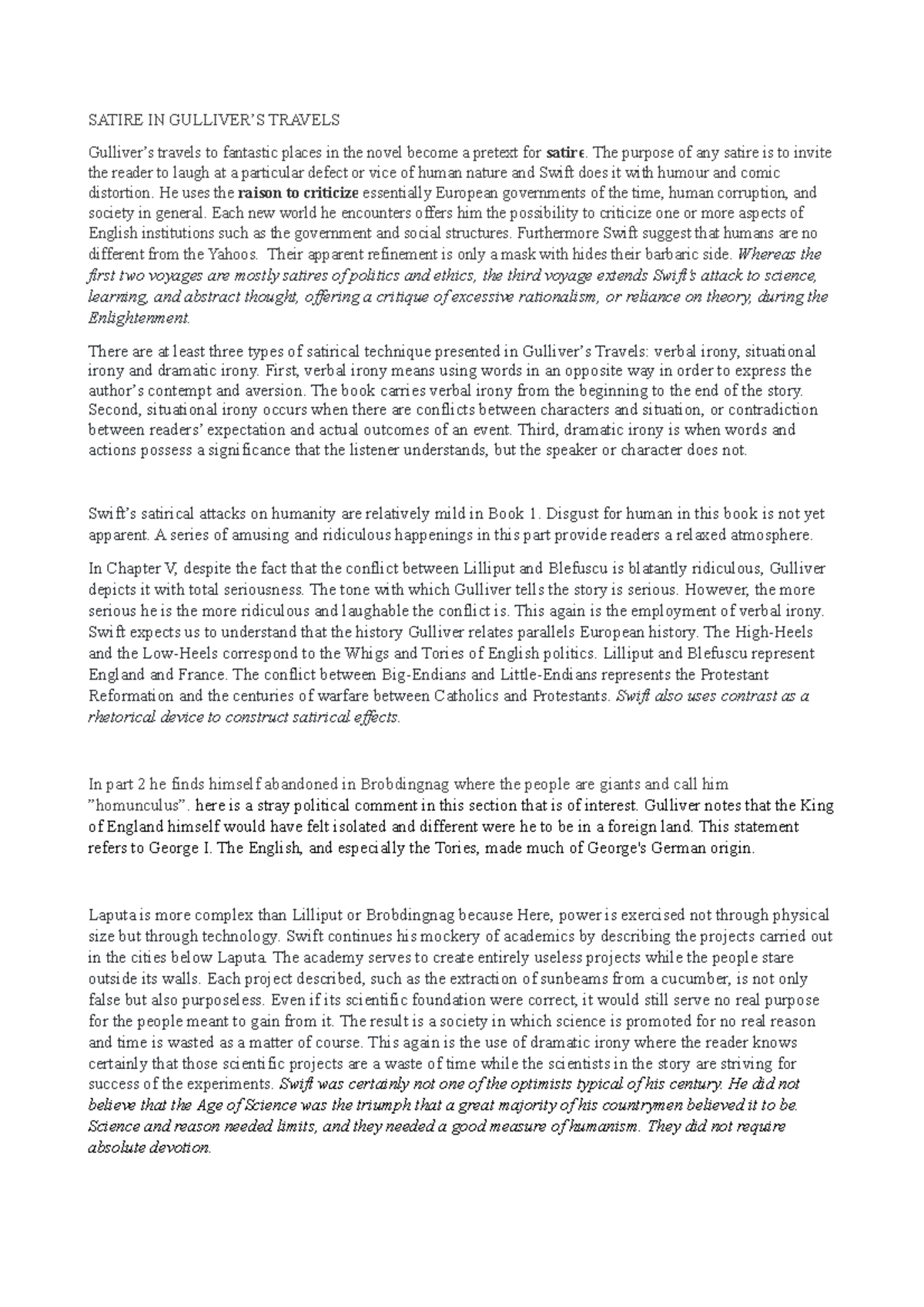 Satire IN Gulliver - ASSIGNMENT - SATIRE IN GULLIVER’S TRAVELS Gulliver ...