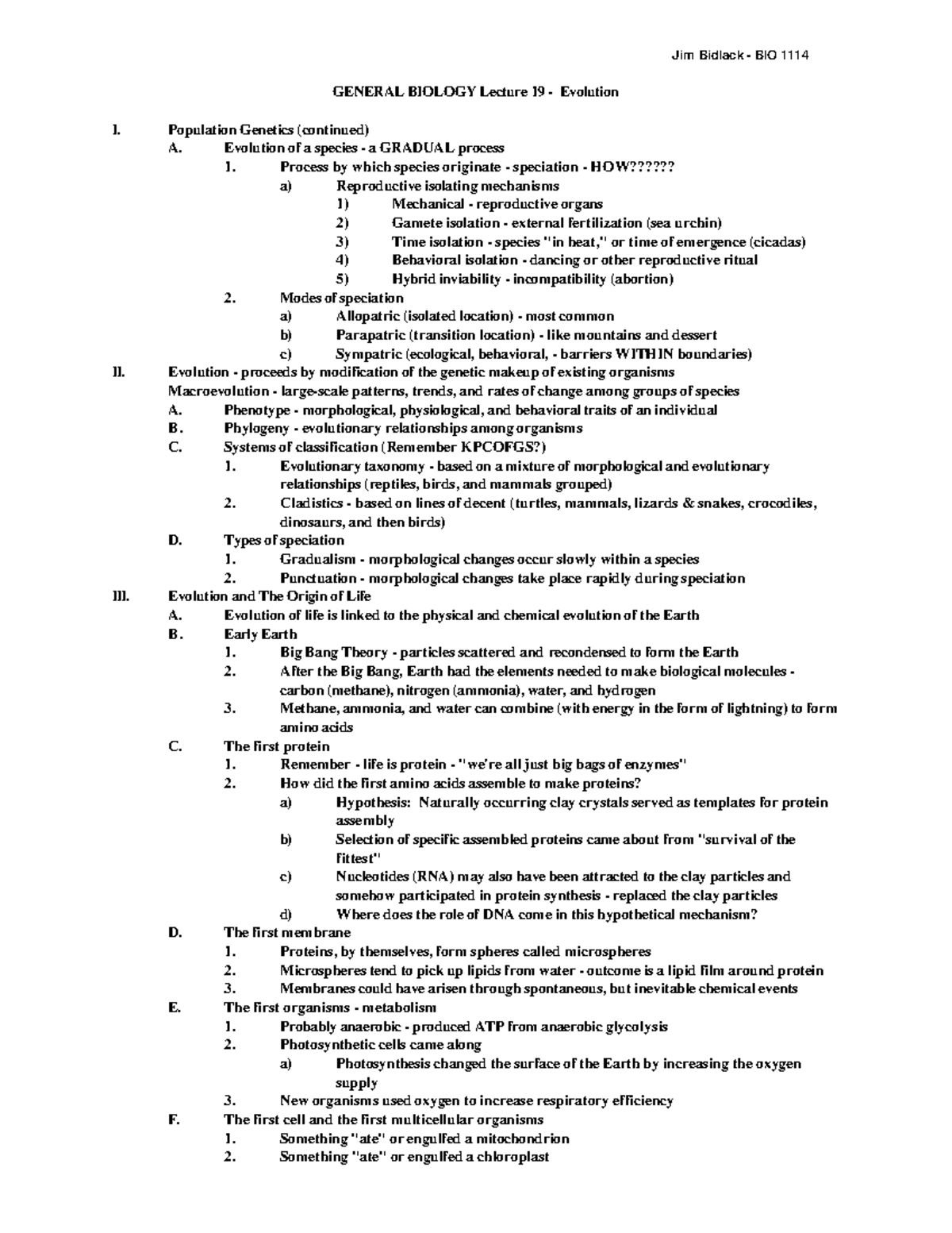 Bio Evolution Notes Jim Bidlack Bio 1114 General Biology Lecture 19