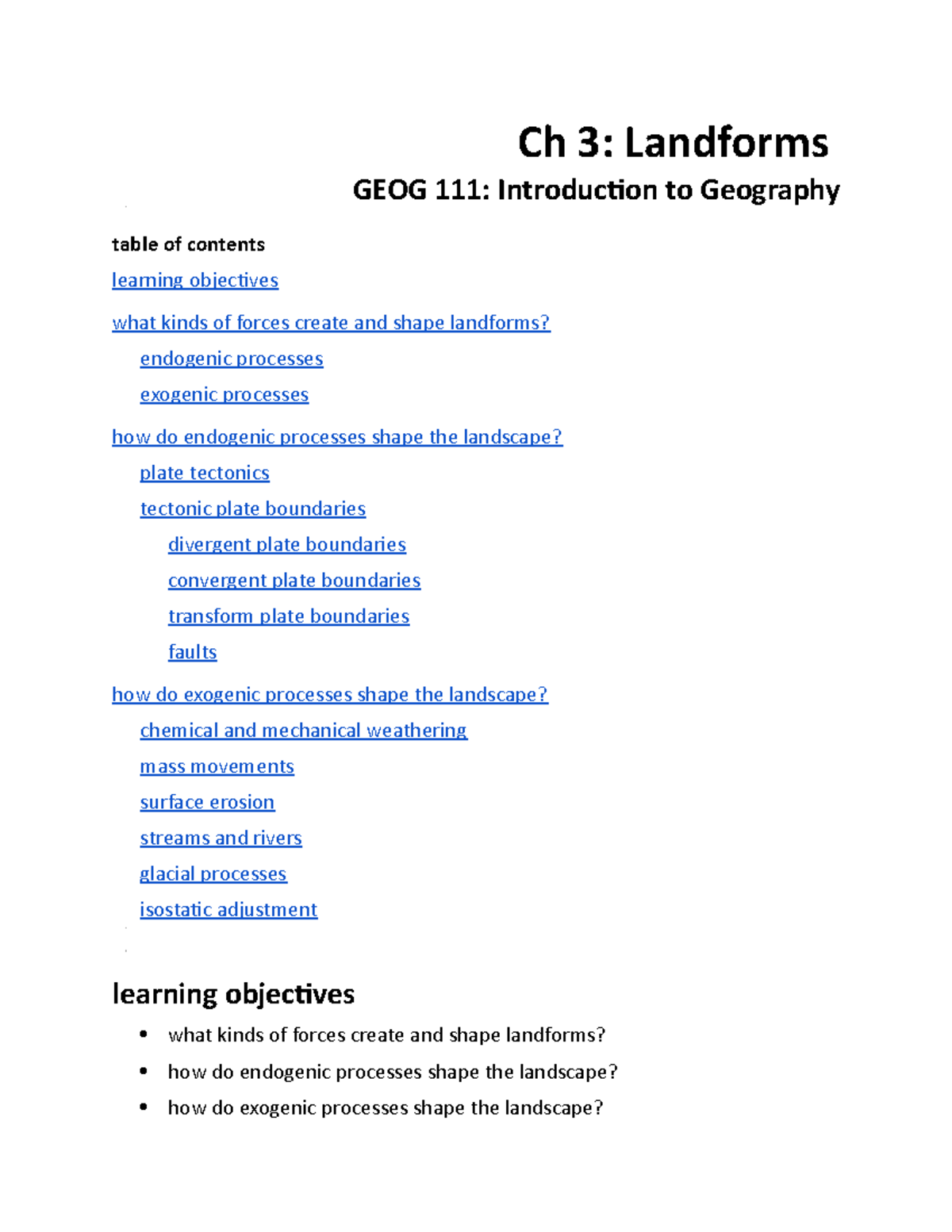 Ch 3- Landforms GEOG 111- Introduction to Geography - Ch 3: Landforms ...