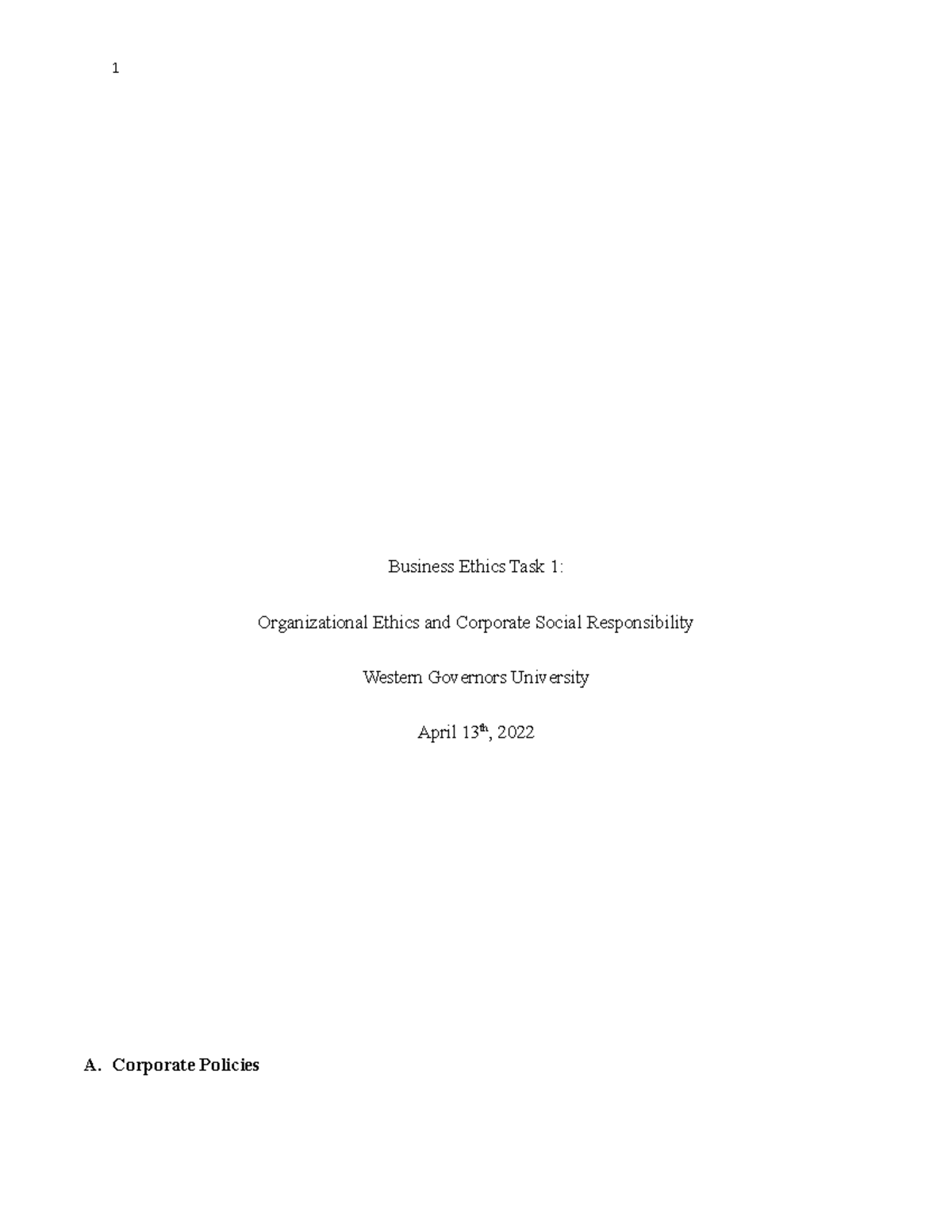 C717 Task 1 - Assessment task 1 - Business Ethics Task 1 ...