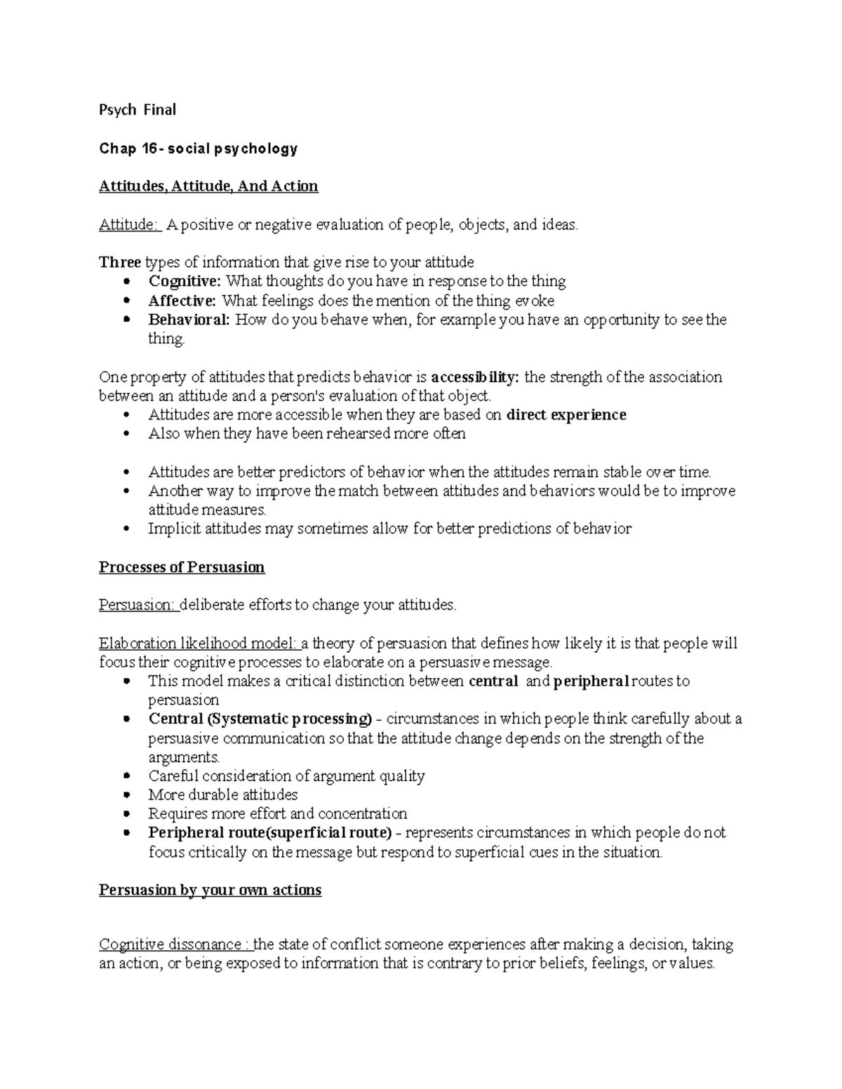 Psych Final - Psych Final Chap 16- social psychology Attitudes ...