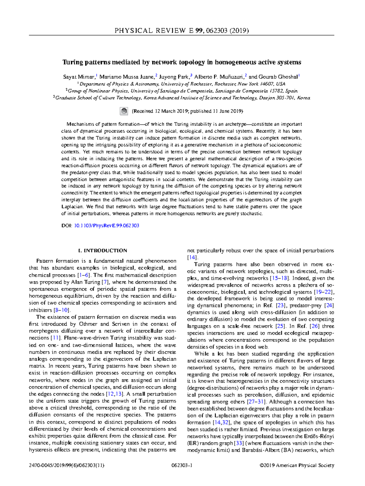 Turing patterns mediated by network topology - Muñuzuri, 2 and Gourab Ghoshal 1 1 Department of ...
