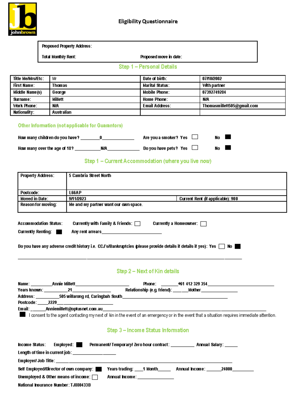 Initial questionnaire - Eligibility Questionnaire Step 1 – Personal ...