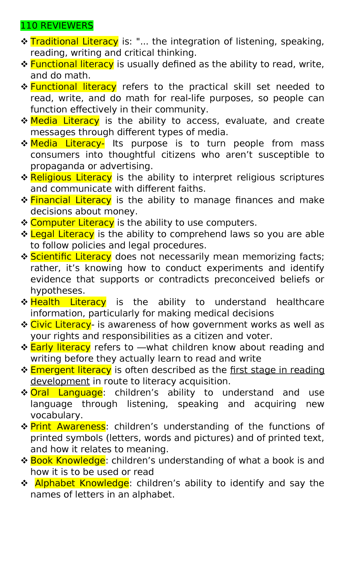 110 Reviewers - 110 REVIEWERS Traditional Literacy is: "... the ...