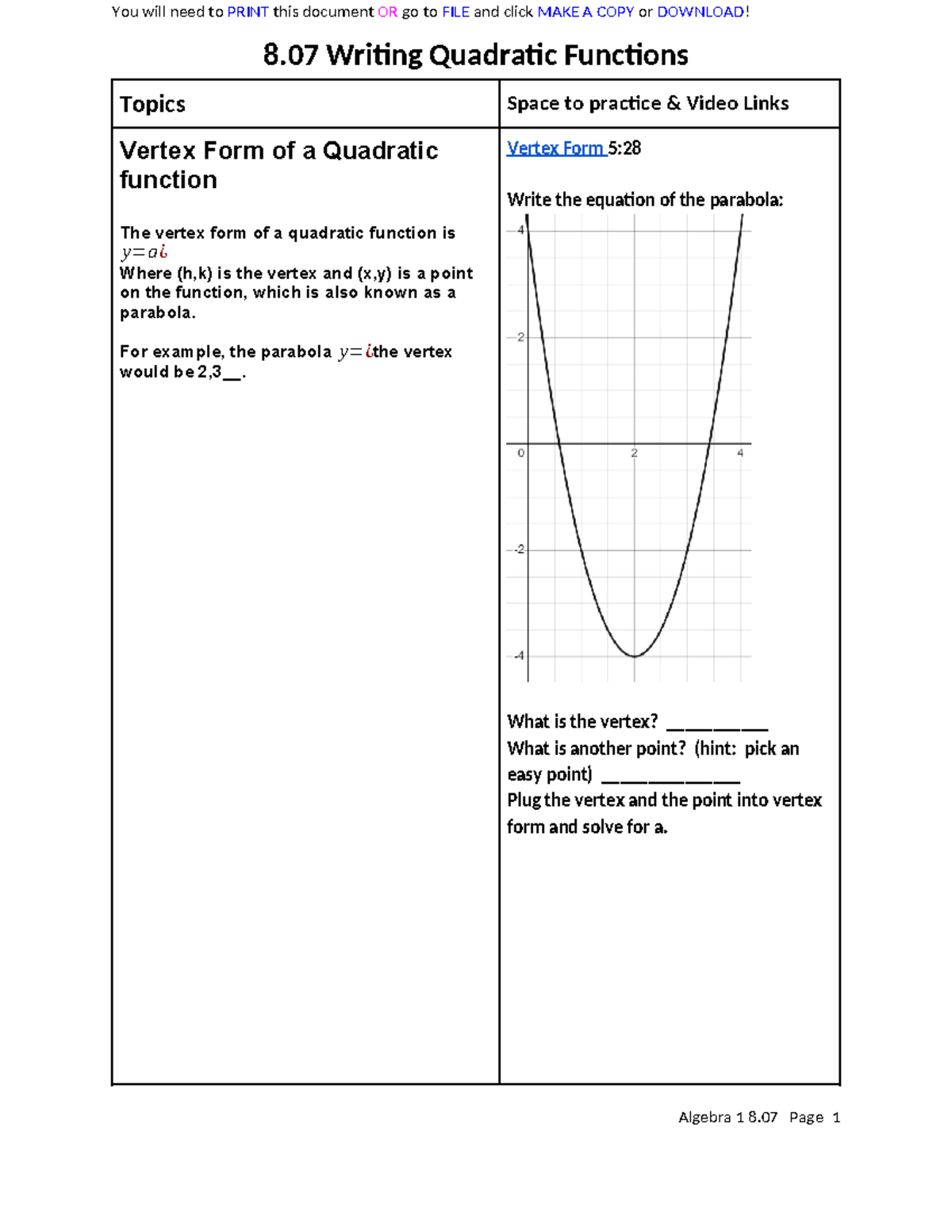 8.07 Writing Quadratic Functions-FLEX v25 - You will need to PRINT this document OR go to FILE ...