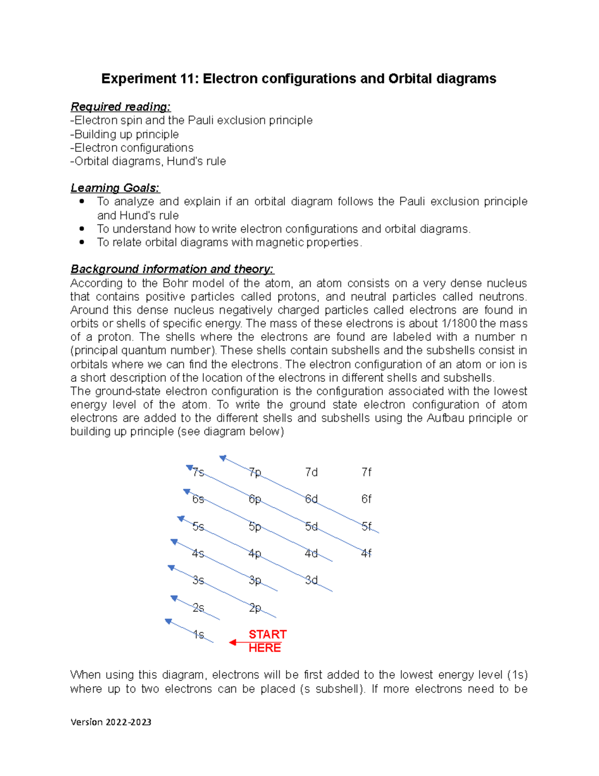 Experiment 11- Electron configurations and Orbital diagrams 2022-2023 ...