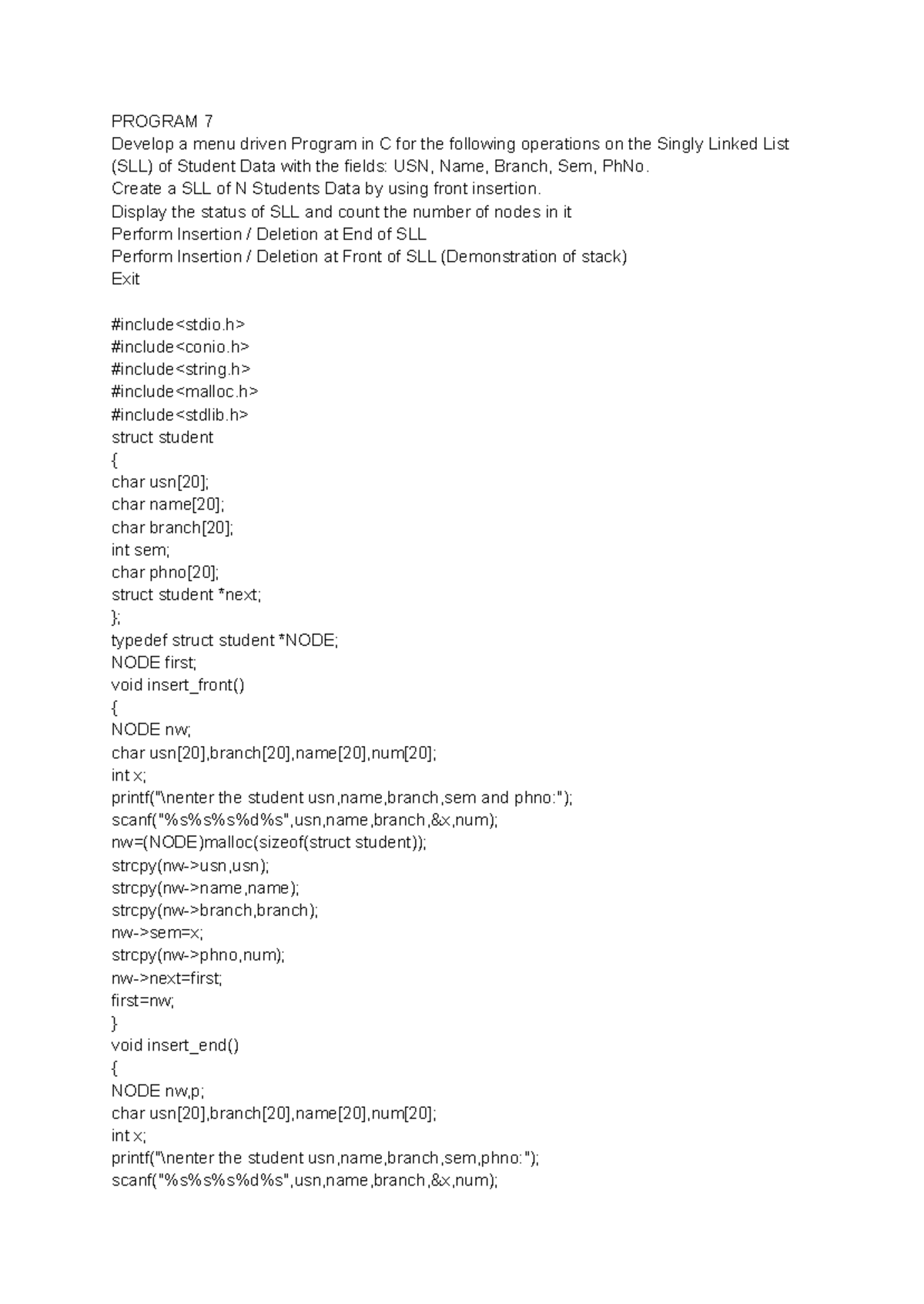 Program 7 - Good notes - PROGRAM 7 Develop a menu driven Program in C ...
