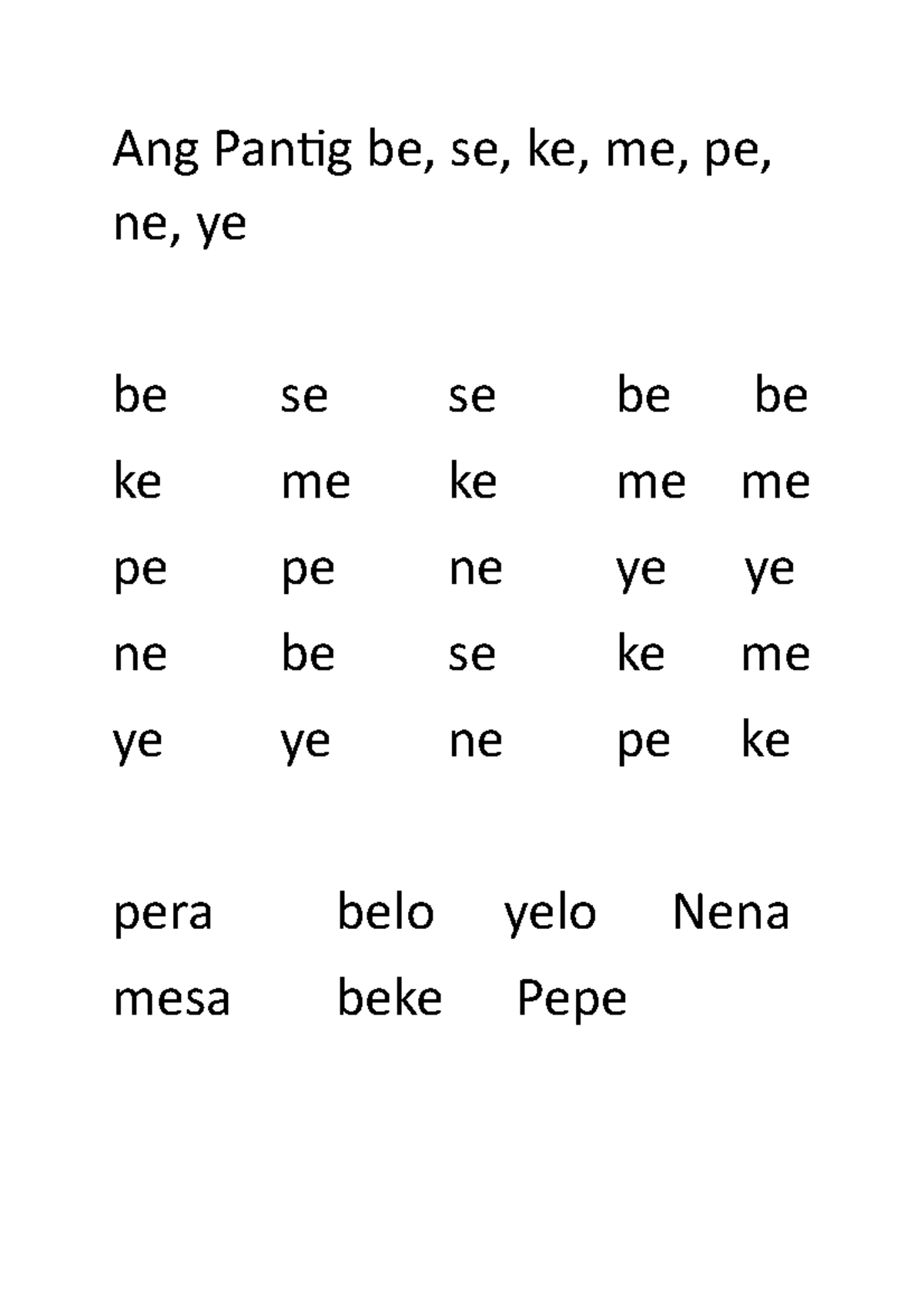 Ang Pantig be,se,ke - mother tongue reading - Ang Pantig be, se, ke, me ...