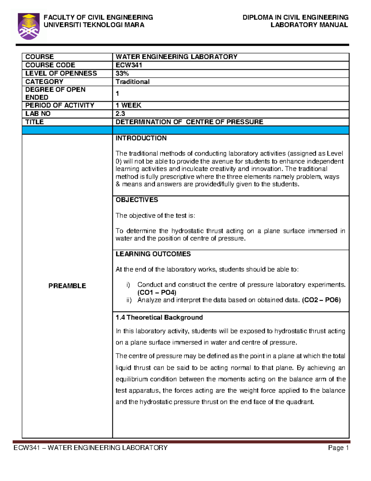 Lab Manual 2.3 - Level 1 Determination of Centre of Pressure.docx ...