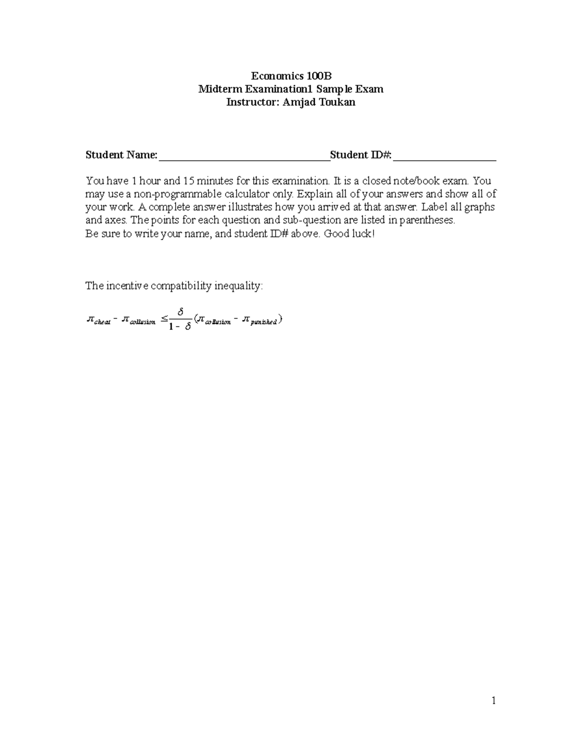 100BMidterm Exam 1Summer II 2021 Sample Exam - Economics 100B Midterm ...