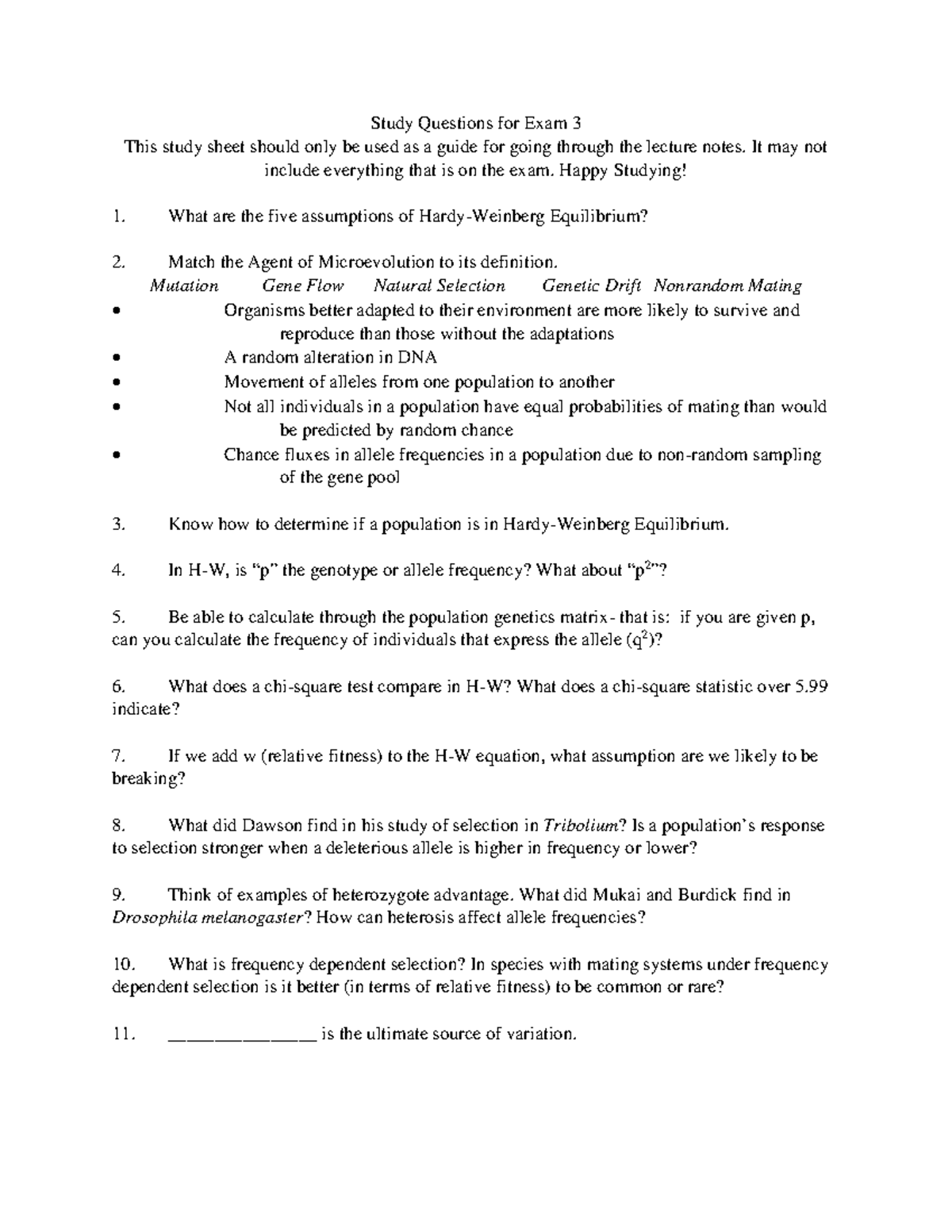 Exam 3 2023(Pop Gen) Study Questions - Study Questions for Exam 3 This ...