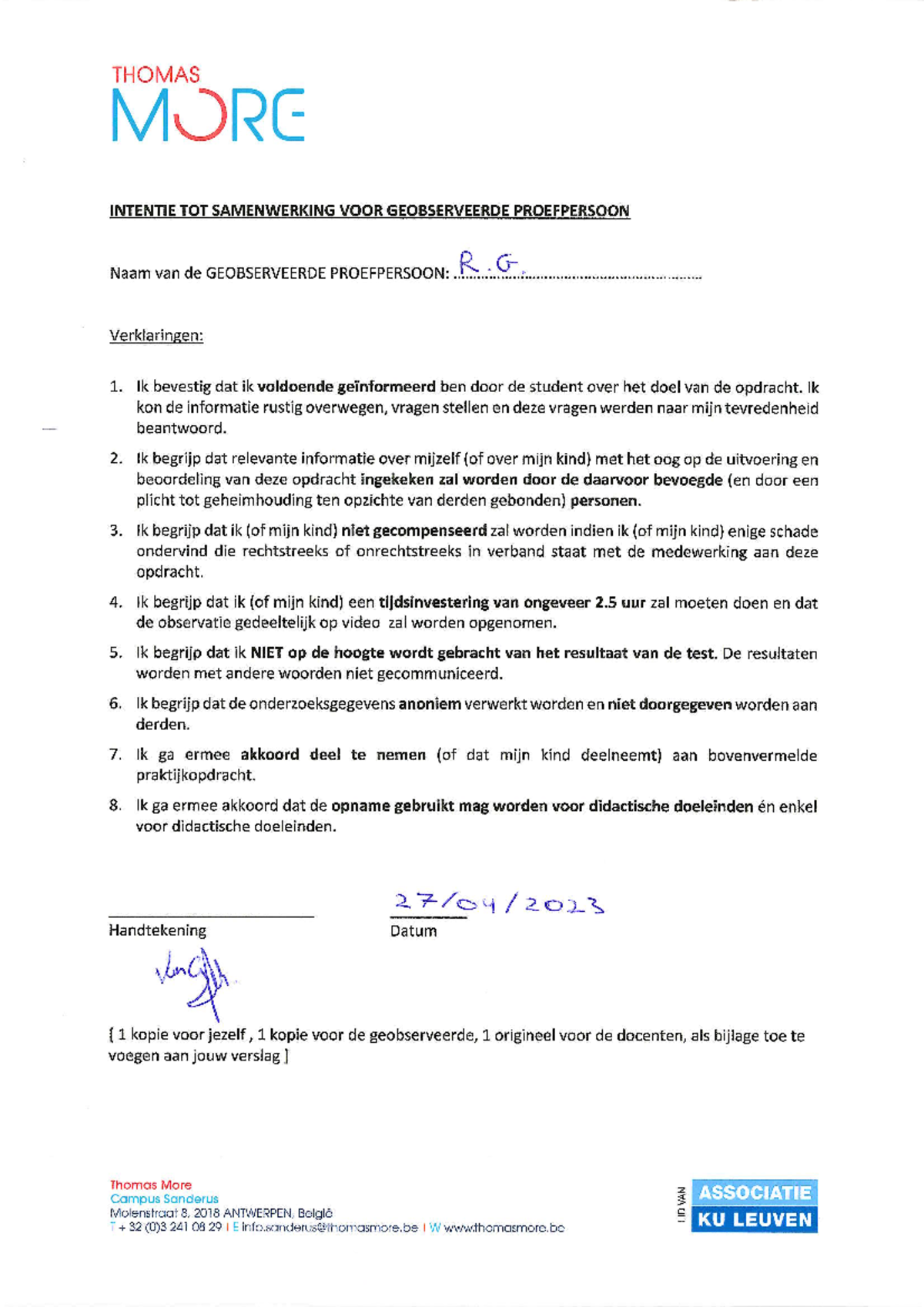 Observatieschema en informed consent - toegepaste psychologie - Studocu