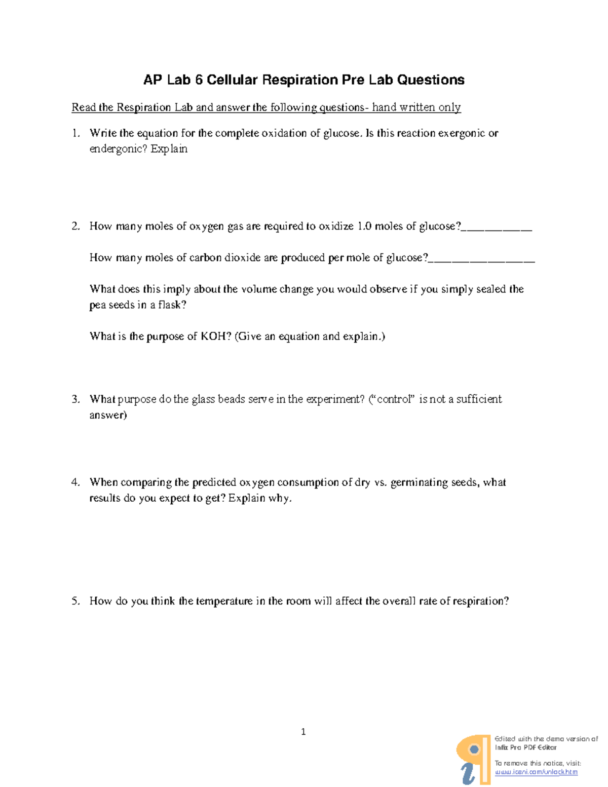 Cellular respiration prelab q Shak - 1 AP Lab 6 Cellular Respiration ...
