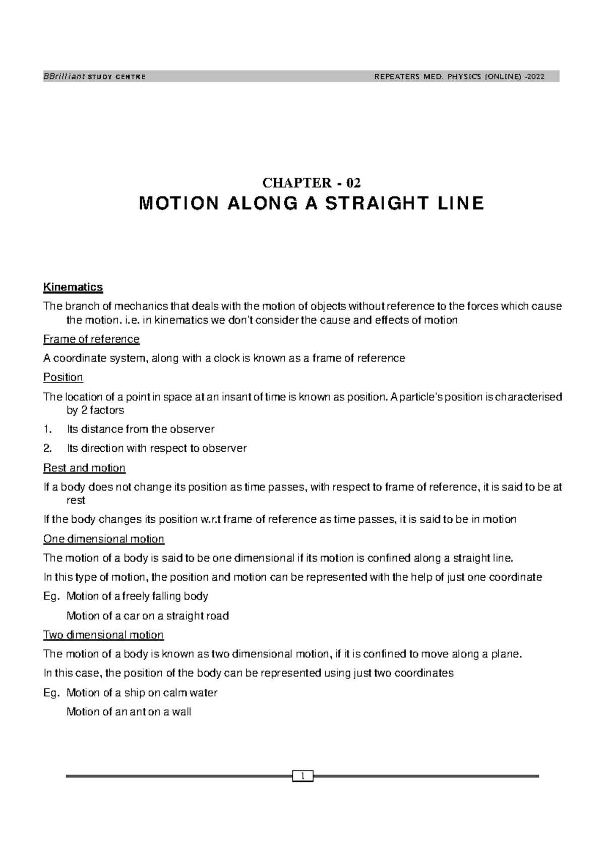 Motion in a straight plane lecture note - CHAPTER - 02 M OT I ON ALON G ...