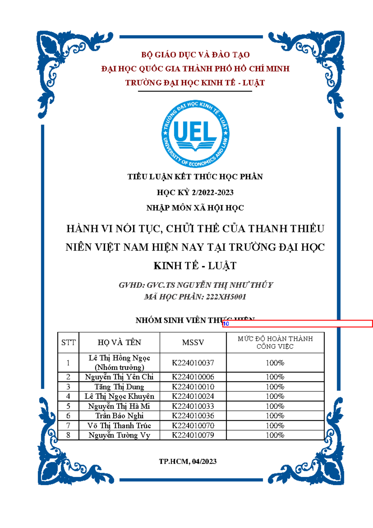 UEL - BÀI TIỂU LUẬN MẪU - tieu luận - BỘ GIÁ O DỤ C VÀ ĐÀ O TẠ O ĐẠI ...