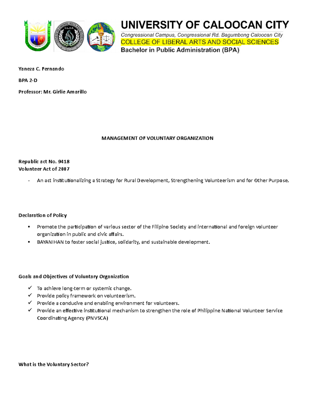 Management of Voluntary Sector - Yaneza C. Fernando BPA 2-D Professor ...