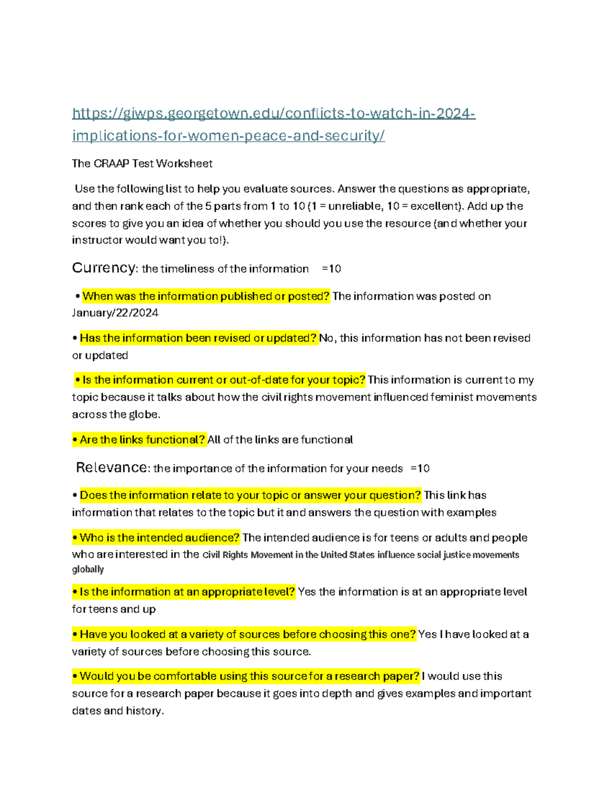 The Craap Test Worksheet Use the following list to help you - - Studocu