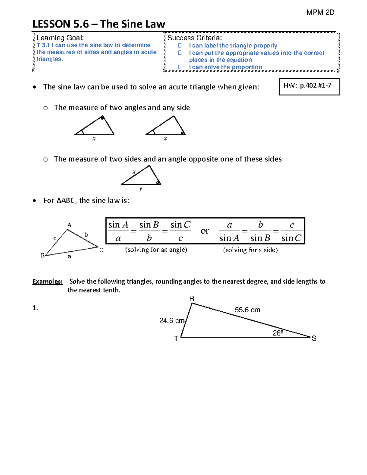 5.6 - Sine Law - Use the sine law to determine the measures of sides ...