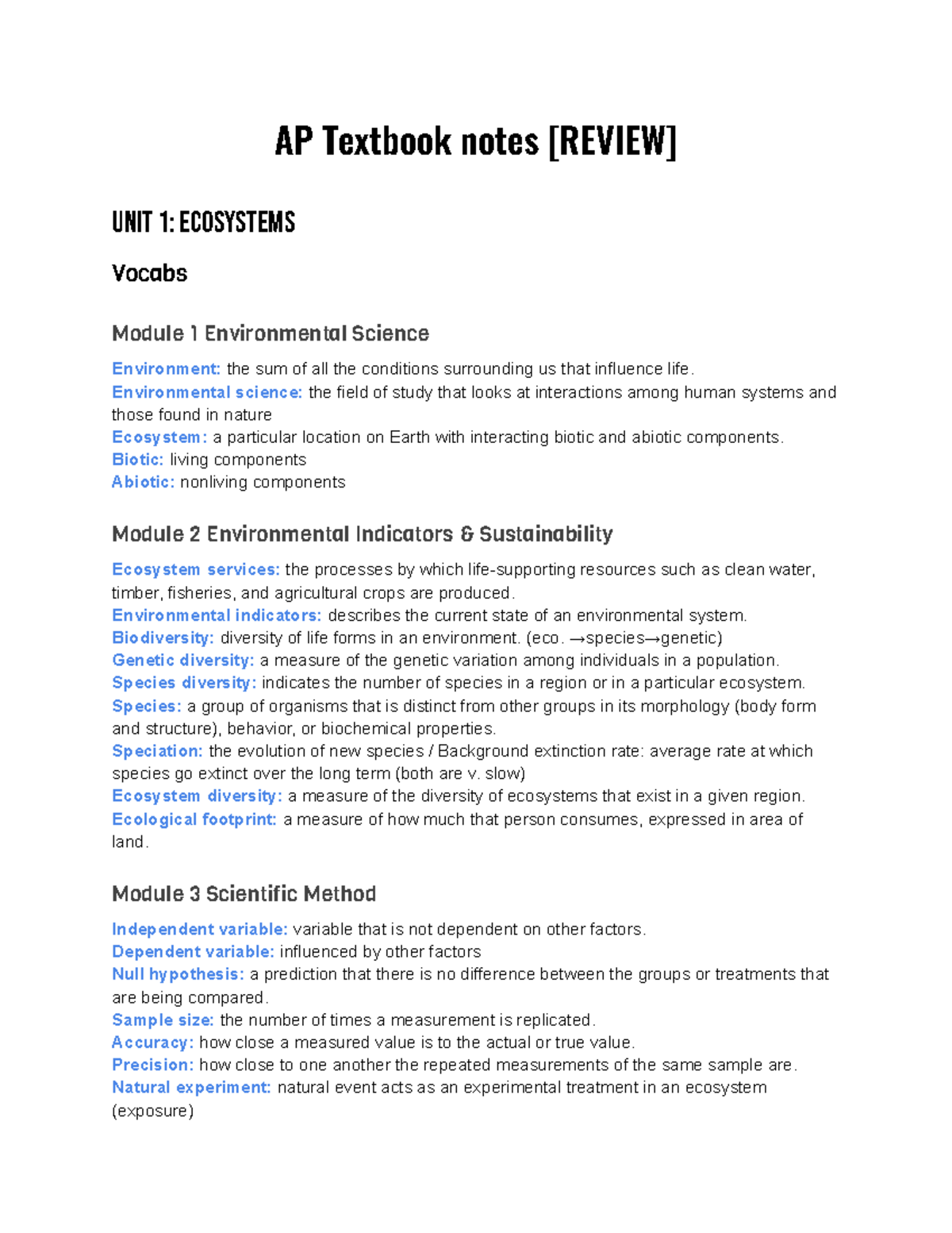 AP Review - AP Textbook notes [REVIEW] Unit 1: Ecosystems Vocabs Module ...