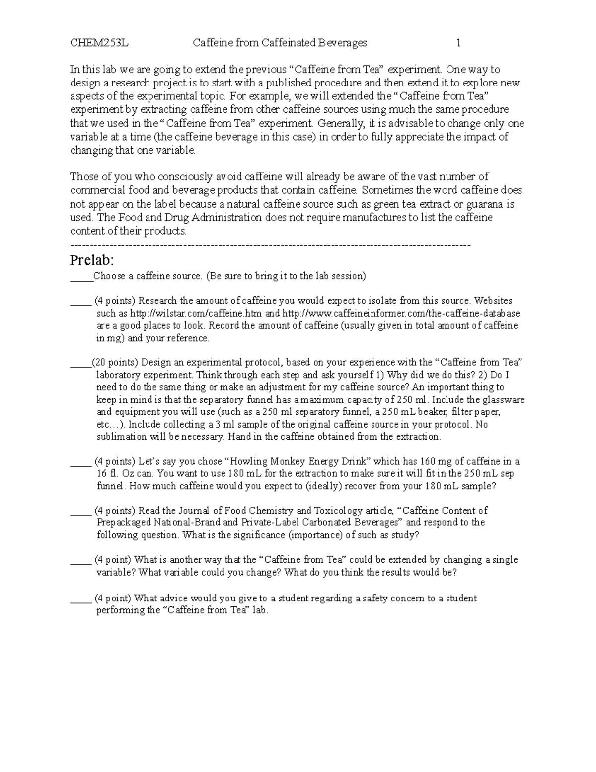 08 caffeine lab II handout - CHEM253L Caffeine from Caffeinated ...